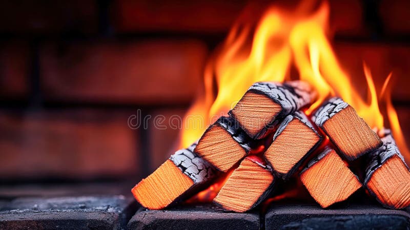 Intensely Burning Fire in a Brick Fireplace Viewed from Above Stock ...