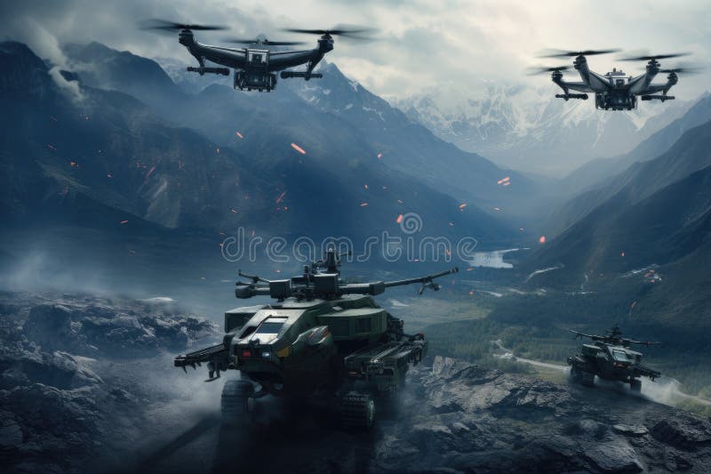 Intensity of a Tank Battle Enhanced by the Use of Drones. Stock ...