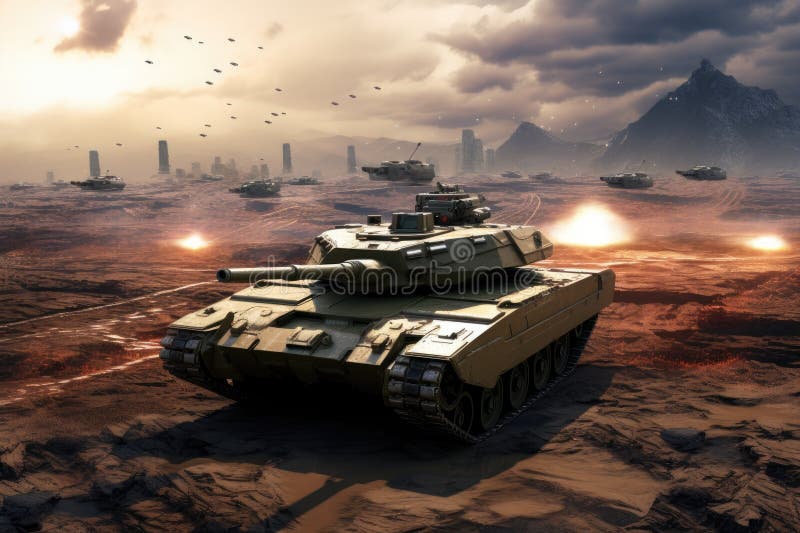 Intensity of a Tank Battle Enhanced by the Use of Drones. Stock Image ...