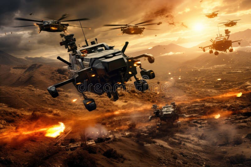 Intensity of a Tank Battle Enhanced by the Use of Drones. Stock ...