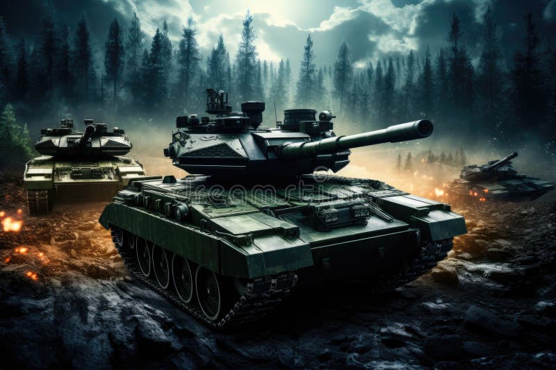 Intensity of a Tank Battle Enhanced by the Use of Drones. Stock ...