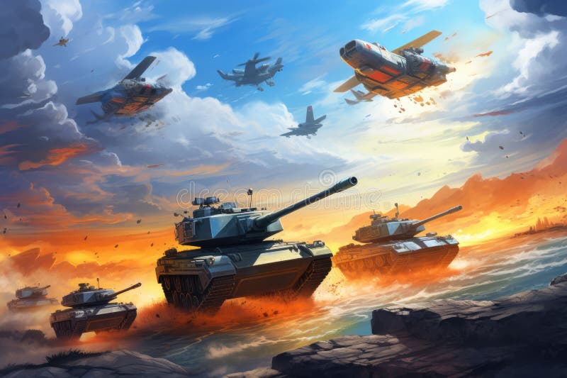 Intensity of a Tank Battle Enhanced by the Use of Drones. Stock Image ...
