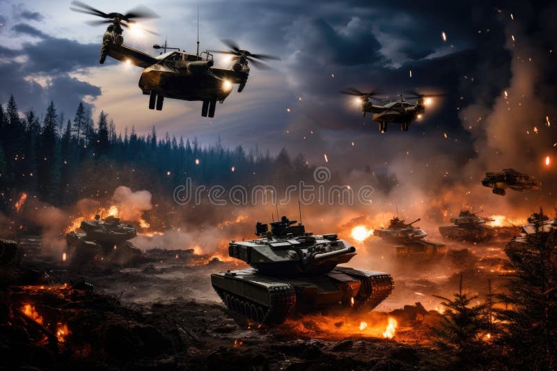 Intensity of a Tank Battle Enhanced by the Use of Drones. Stock Photo ...