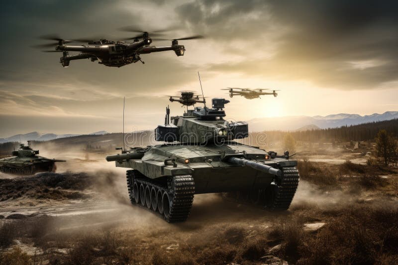 Intensity of a Tank Battle Enhanced by the Use of Drones. Stock Photo ...