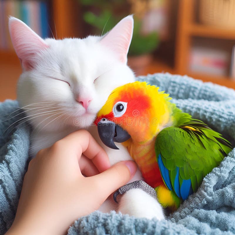 Inter-Species Affection: White Cat and Cute Parrot Showing Mutual Care ...