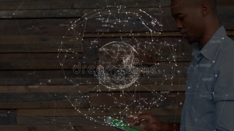 Interacting with Digital Globe, Man Viewing Animation of Network ...