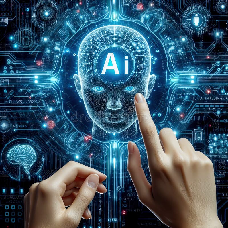 Interacting with the Future. Hands Touching an AI Brain on a Digital ...