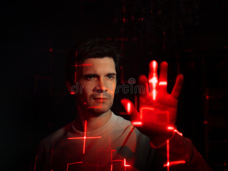 Interaction with Augmented Reality Virtual Interface. Projections Red ...