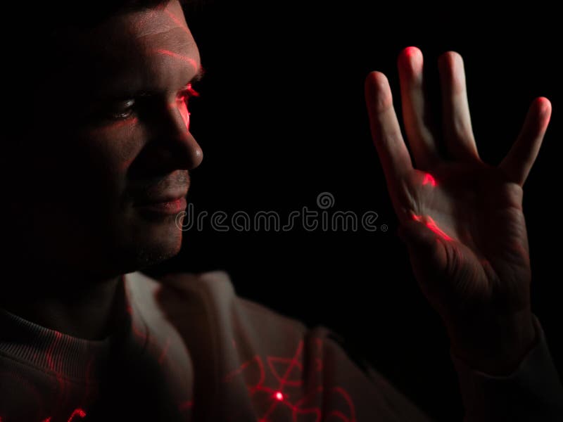 Interaction with Augmented Reality Virtual Interface. Projections Red ...