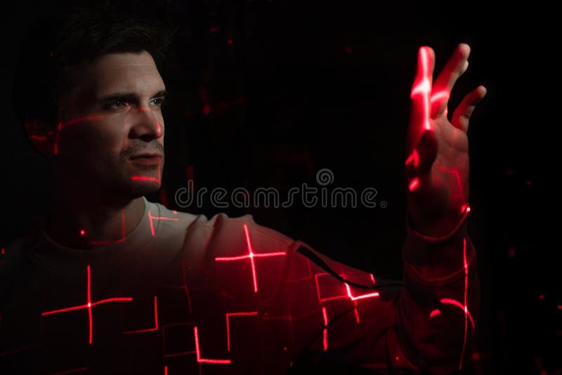 Interaction with Augmented Reality Virtual Interface. Projections Red ...