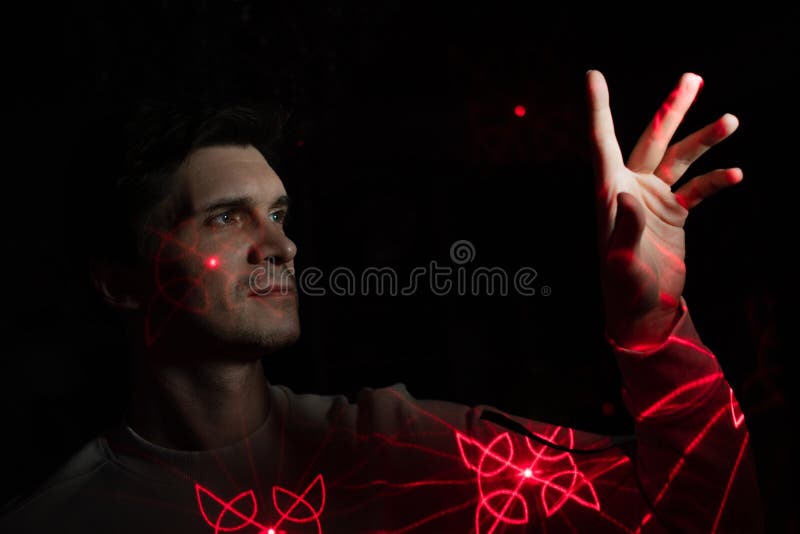 Interaction with Augmented Reality Virtual Interface. Projections Red ...