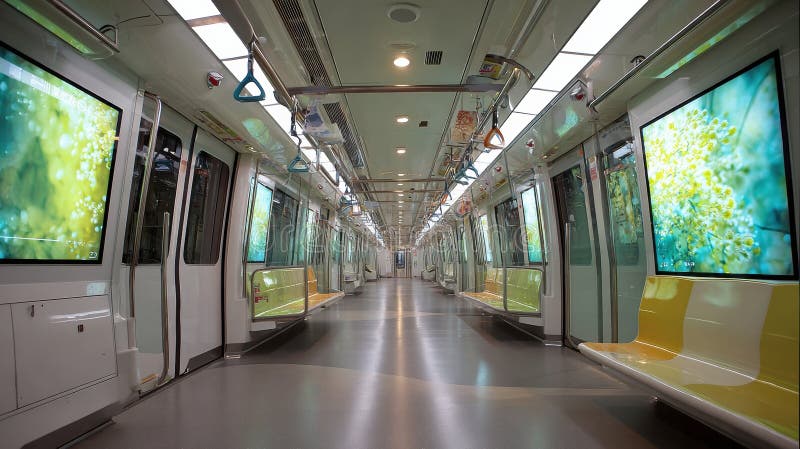 Interactive Advertising Display in Modern Metro Train Featuring Bright Lighting and Empty Seats ...