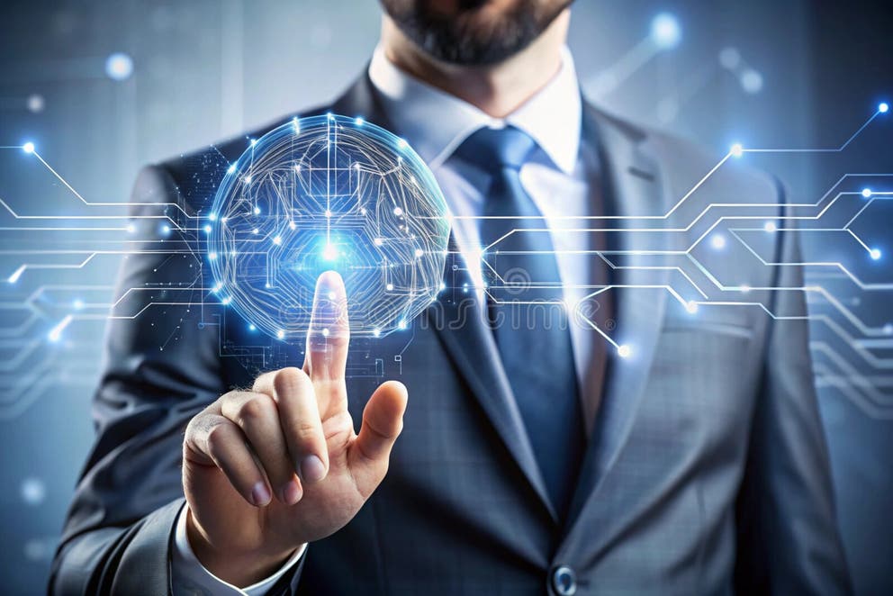 Interactive AI: Man Engaging with Artificial Intelligence on a Touch Screen Stock Illustration ...