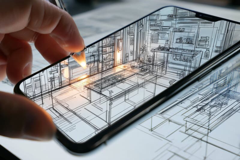 Interactive AR User Interface Layout Displayed Above Smartphone with Wireframe Design Integrated ...