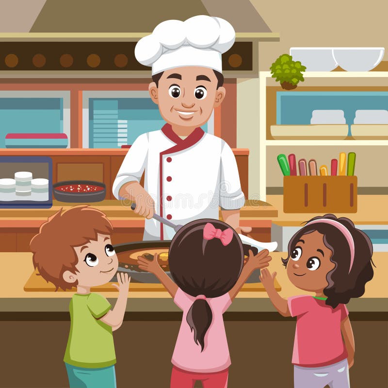 Interactive Cooking Class: Kids Learning from a Chef Stock Illustration ...