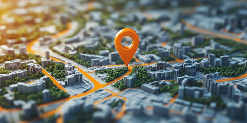 An Interactive 3D City Map Featuring an Orange Location Pin for ...