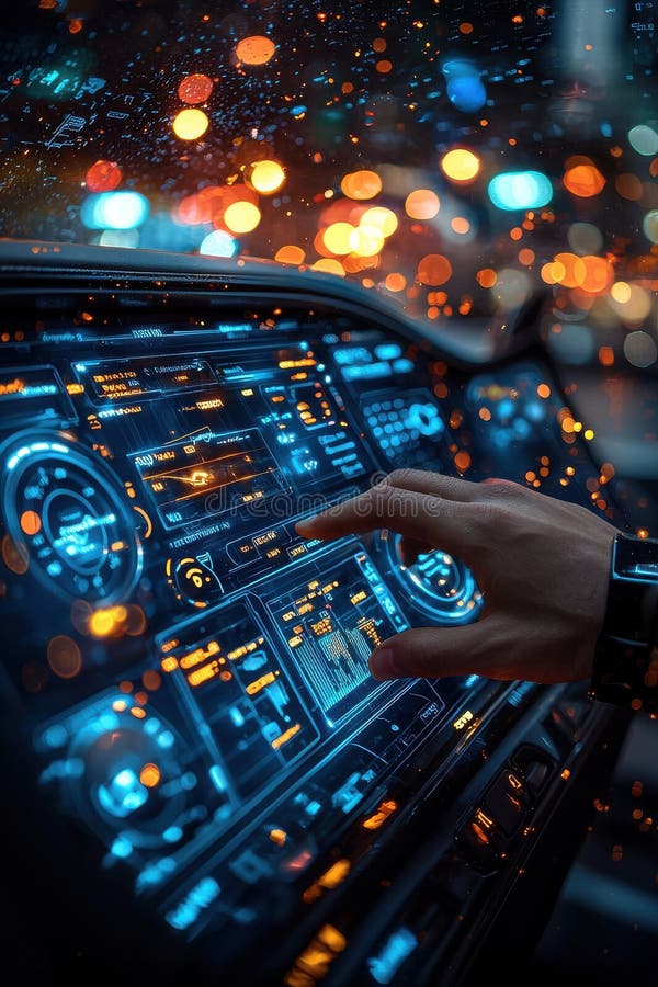 Futuristic Touchscreen Interface in a Car with Glowing Lights at Night ...