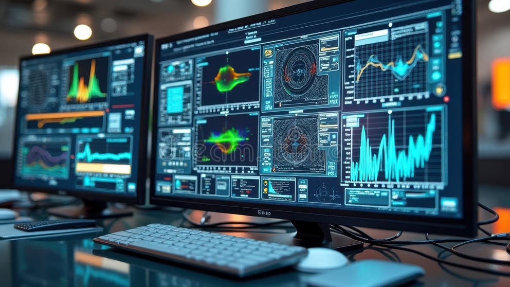 Interactive Data Analytics Dashboard with Graphs and Charts on Monitors Stock Photo - Image of ...