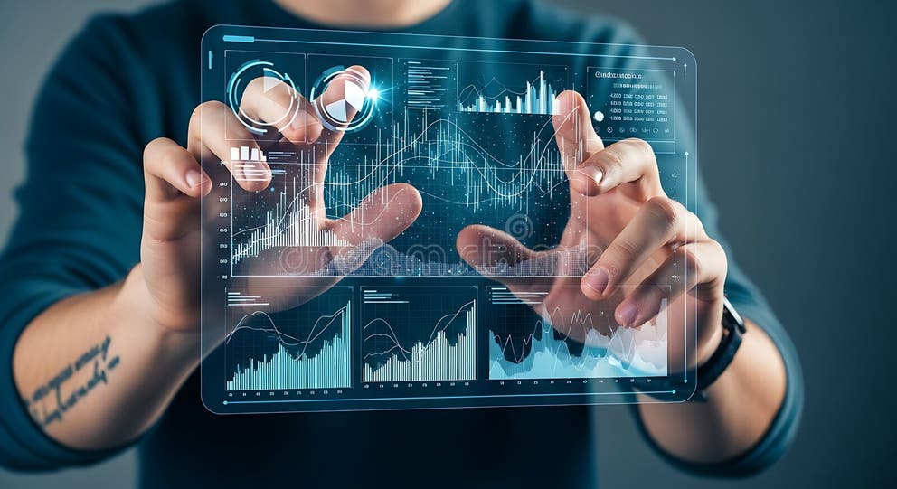 Interactive Data Visualization: Man Manipulating Holographic Charts with Touch Gestures Stock ...