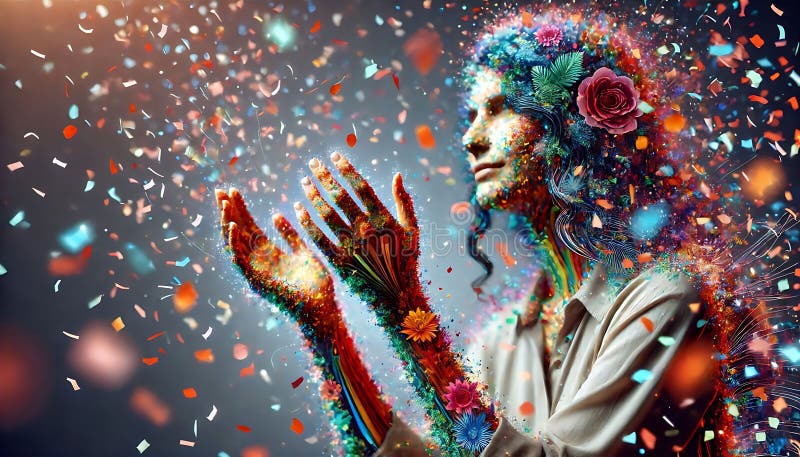 Interactive Depiction of Colorful Confetti Overlaying Human Hands Clapping in Celebration ...