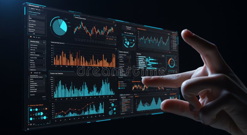 Interactive Digital Dashboard Interface Featuring Various Data Visualizations, Including Stock ...