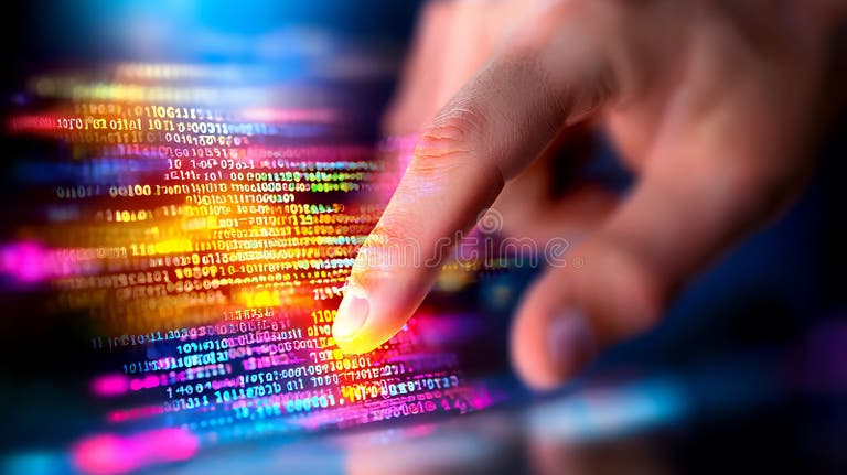 Interactive Digital Data Stream with Colorful Binary Code and Finger ...