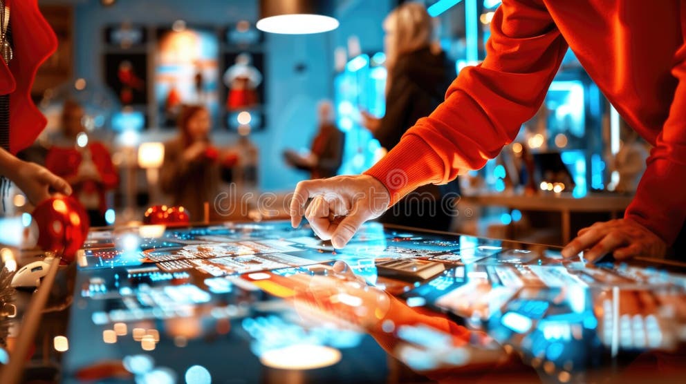 Interactive Digital Display in Modern Tech Store with Multiple People ...