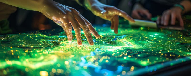 Interactive Digital Map with Hands Touching Illuminated Display in Dark ...