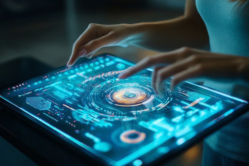 Interactive Futuristic Interface with Hands Using Advanced Technology Stock Illustration ...