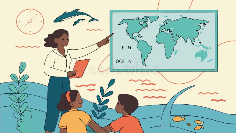 Interactive Geography Lesson with Teacher and World Map, Vector Design ...