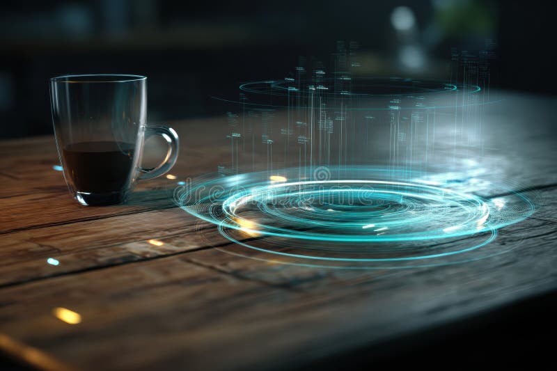 Interactive Hologram Menu Displays Options Above Coffee Cup in Modern ...
