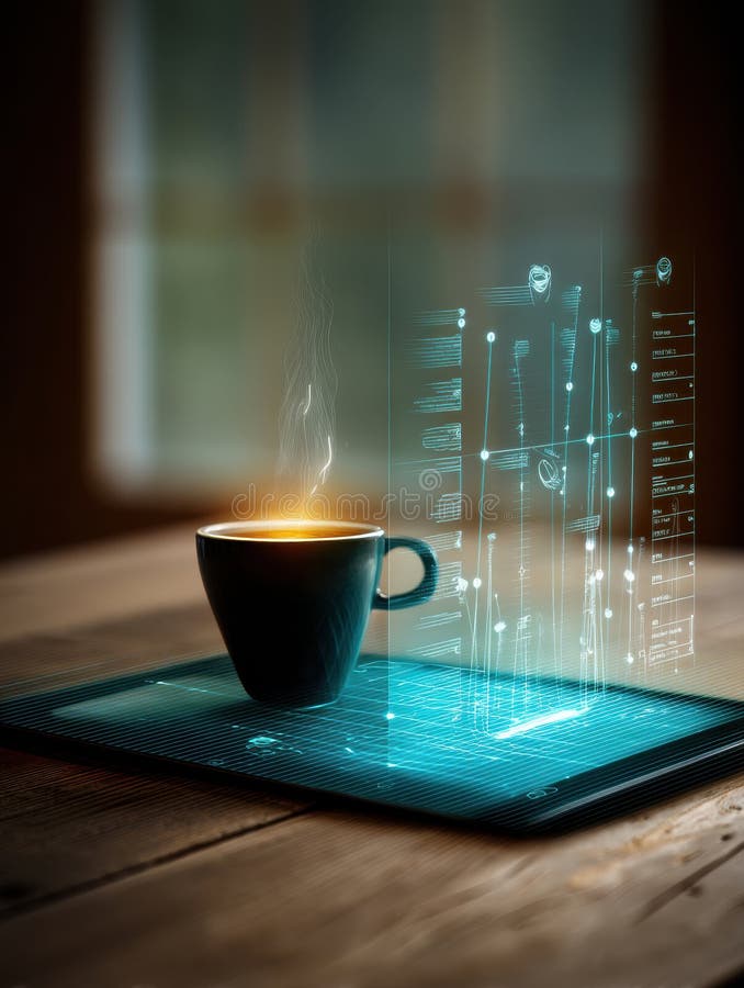 Interactive Hologram Menu Floating Above Coffee Cup in a Cozy Cafe ...