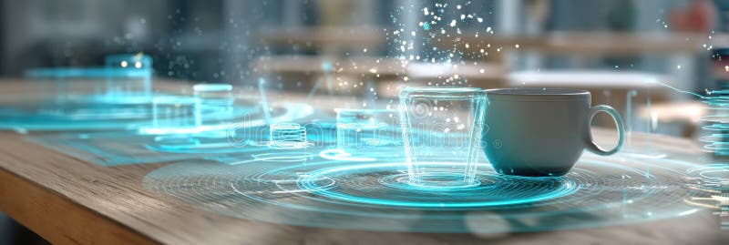 Interactive Hologram Menu Floating Above Table Next To Coffee Cup in ...