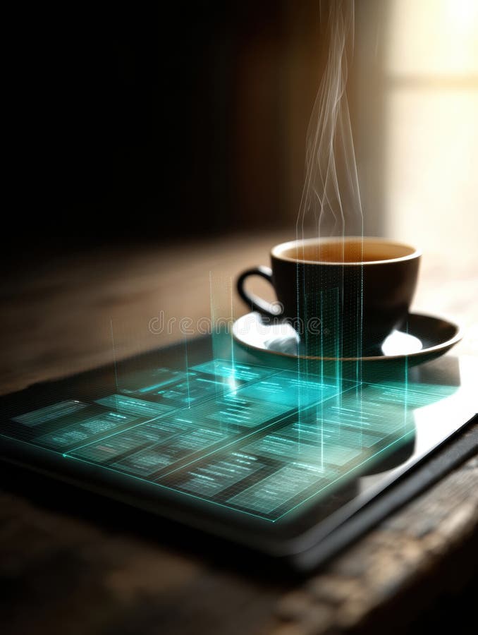 Floating Hologram Menu Displayed Above Coffee Cup in Modern Cafe ...