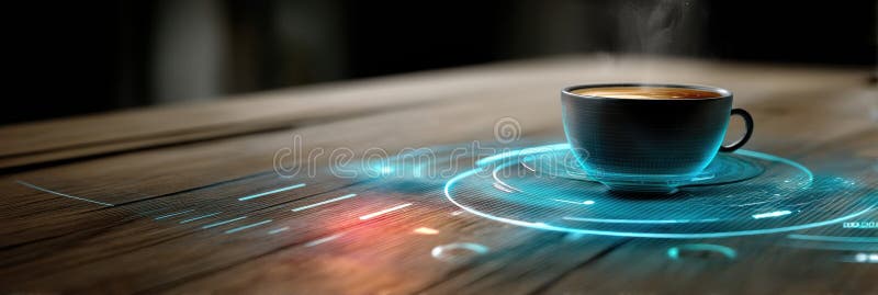 Interactive Hologram Menu Displays Near Coffee Cup Modern Cafe Setting ...