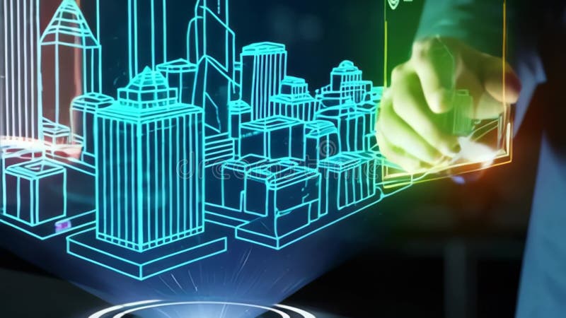 Interactive Holographic Cityscape Display with Hand Gestures Stock ...