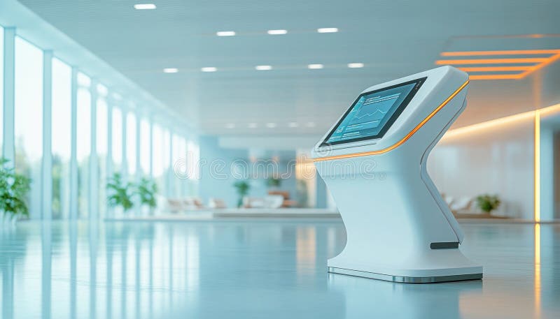 Futuristic Interactive Kiosk Showing Data in Modern Building Lobby ... Futuristic Interactive Kiosk Showing Data in Modern Building Lobby ...
