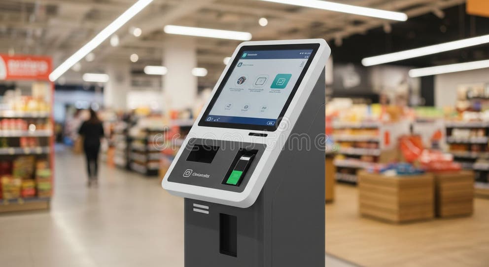 Interactive Kiosk in a Store with a Touchscreen Display Showing Options ...