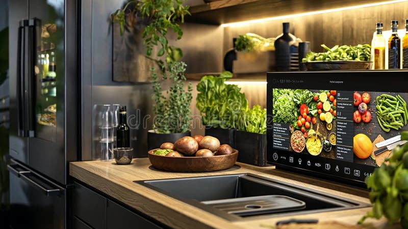 An Interactive Kitchen Has a Smart Display and Fresh Produce Ready for ...