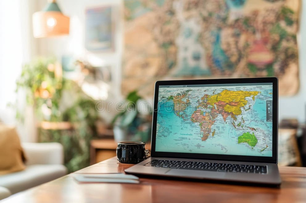 Interactive Language Learning Experience with Laptop and Travel Posters ...