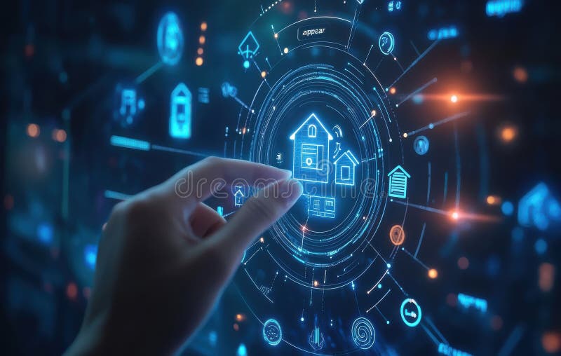 Interactive Smart Home Technology Interface with a Hand Engaging with ...