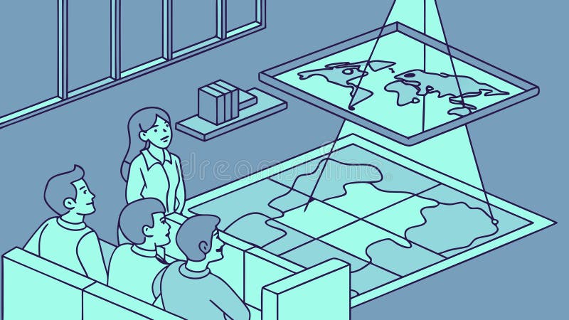 Interactive Strategy Meeting with Holographic Map. Vector Design ...