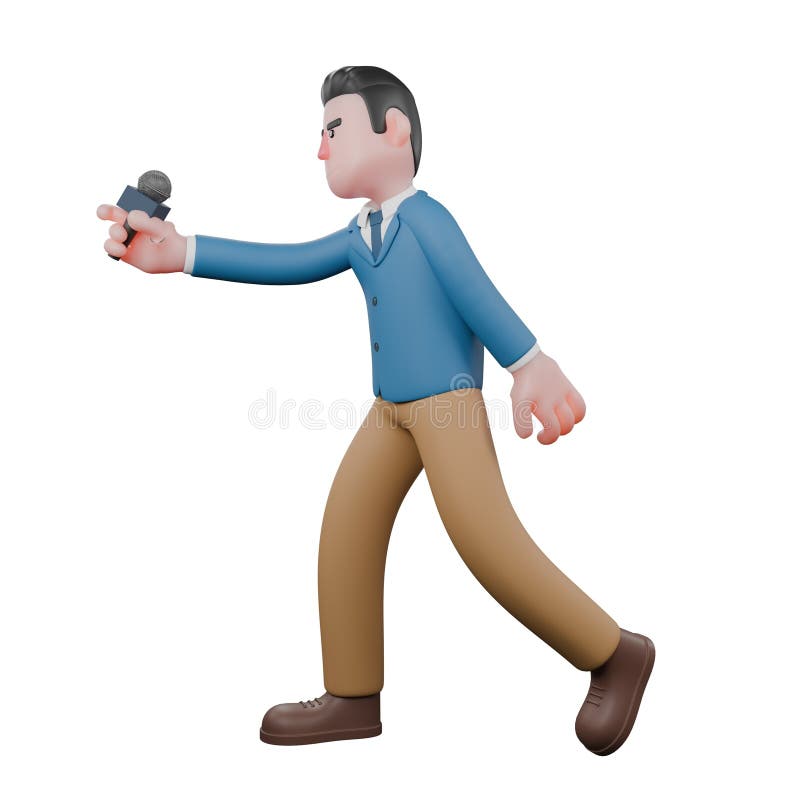 A Male TV Presenter Walks Carrying a Microphone in His Right Hand ...