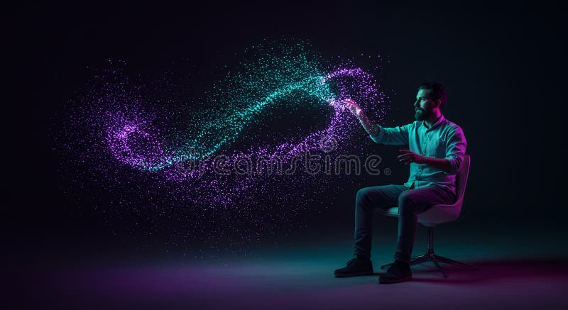 Interactive Tech: Man Manipulating Digital Particles in Neon Lights ...