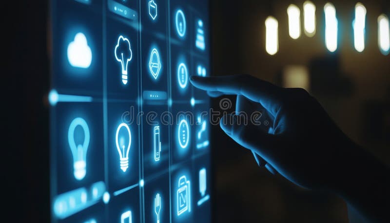 Interactive Touch Screen Showcasing Smart Home Icons and Cloud ...