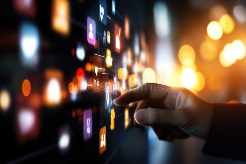 Interactive Touchscreen with Digital Interface Icons and Human Hand in ...