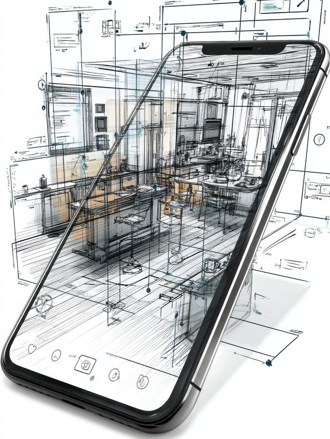 UI Layout Wireframe Displayed Above Smartphone in Augmented Reality Design Workspace for ...