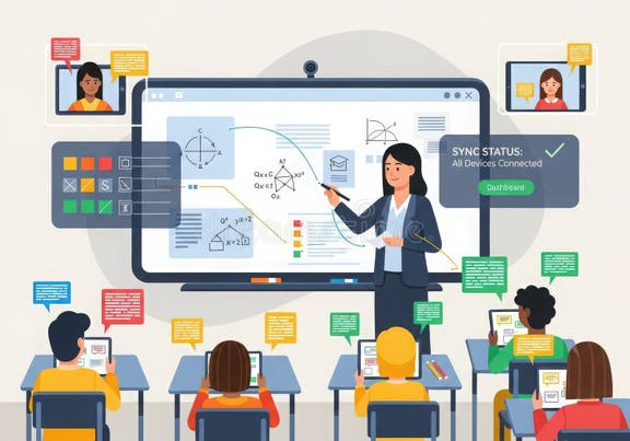 Interactive Virtual Classroom with Teacher and Students Engaging in ...