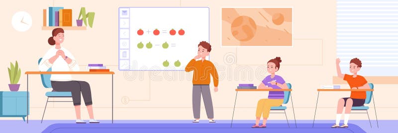 Interactive Whiteboard in Classroom. Children Student at Digital ...