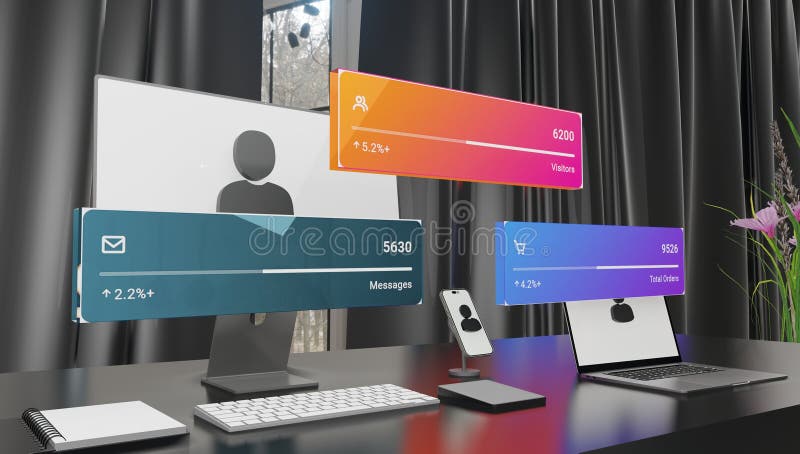 Interactive Work Desk with Laptop, Mobile, and User Icon, Featuring ...